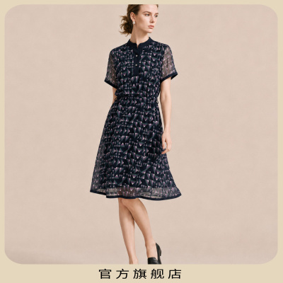KLOVA夏季优雅藏蓝三色连衣裙