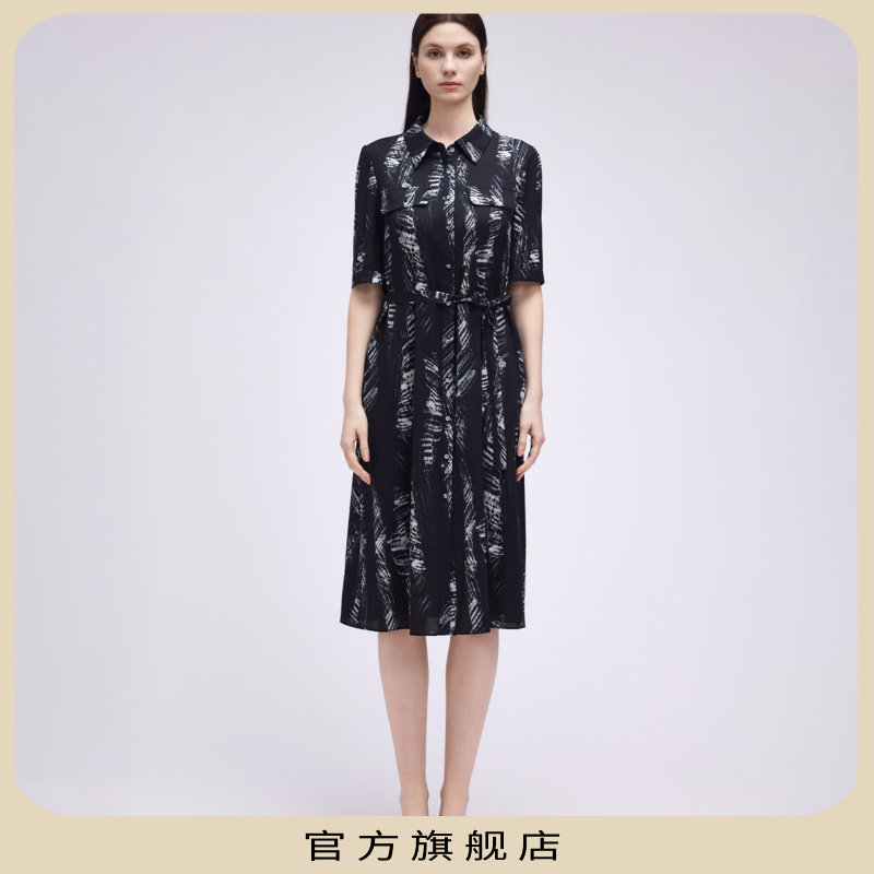 【KLOVA】夏季女优雅气质水墨笔触翻领真丝H型连衣裙LI6097(AUN)
