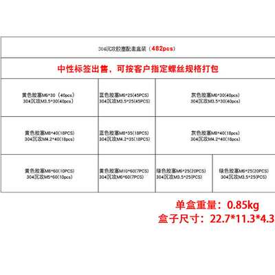 304不锈钢沉头自攻螺丝膨胀管套装绿色胶塞膨胀螺丝盒装482PCS
