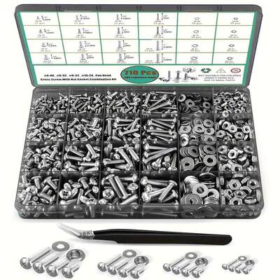 盒装710pcs304不锈钢美制十字盘头螺丝配平螺母套装美制螺丝