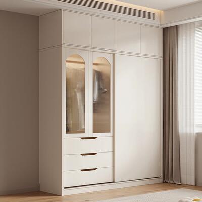 奶油风推拉门柜衣家用式卧室现代简520约法玻璃小型一体带书桌衣