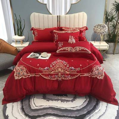 A524新中式庆1婚00支棉贡缎四被件套古典全刺绣套双TNX人结婚床上