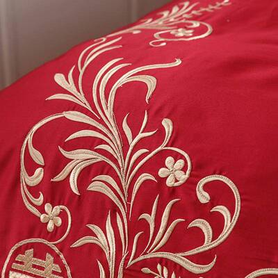 简约中式床婚庆四件套全100S长绒棉红色喜字刺绣结婚被棉套床8695