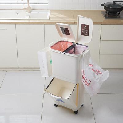 厂家销45L创意直式家用干湿分离厨房双层65118带盖塑料桶日分类垃