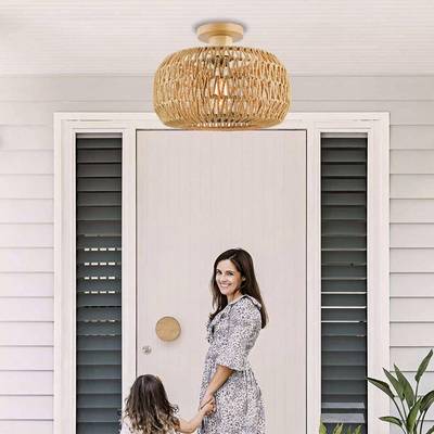 美式灯具乡吸复古顶灯村工业风室65038美卧式纸藤编织吸顶灯