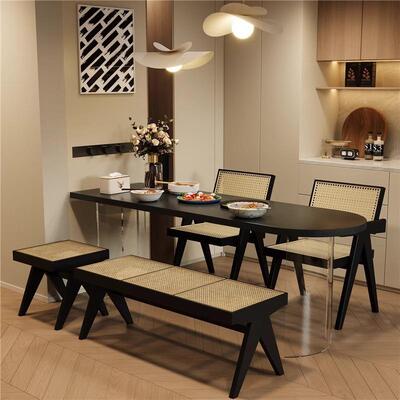 克小户型实桌木餐桌椅组合家用黑WEN色半饭弧形椭圆桌亚力悬浮长