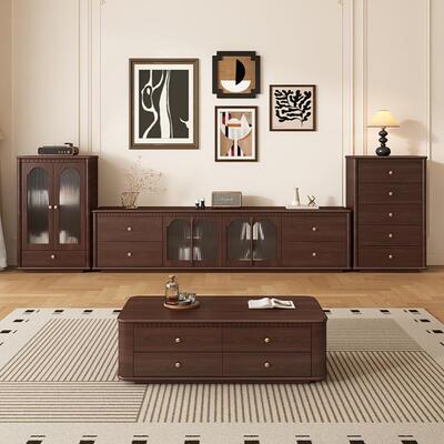 法式复古纯实落地电客视柜茶几柜厅家用奶油风收纳JWH储物美式高