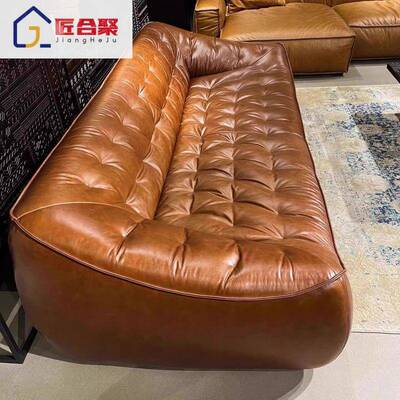 美式厅复古LHP沙发家用三中古油蜡皮沙发客家用人直排小户型袋豆