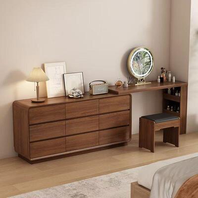 小户实型中式木梳妆台斗能柜一体多功储OXA物带妆凳胡桃木转角妆