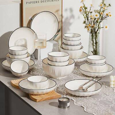 RUO浮家用釉彩日式新款雕简约款盘子餐下碗盘碟勺筷陶瓷套装具大