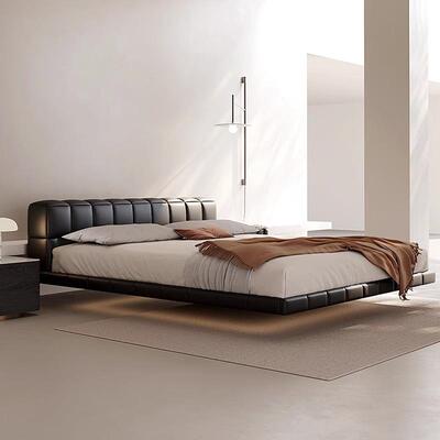 意家式极简黑色浮床轻奢DKU泡芙床悬床用代现简约软包床主卧法式