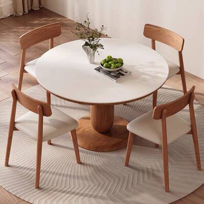 北欧复古风胡桃实网色圆形岩GJR板木餐桌椅合组家用红高端餐厅吃