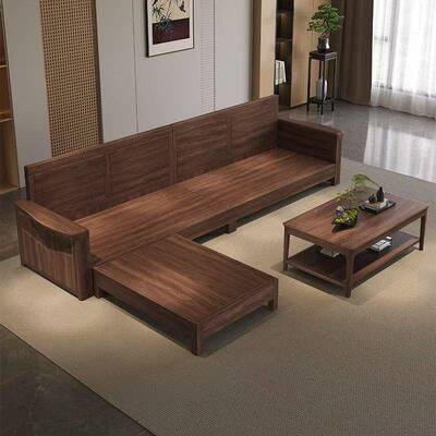 找工定制轻沙奢中式黑厂新胡桃50059木转角沙发全实木沙发客厅发