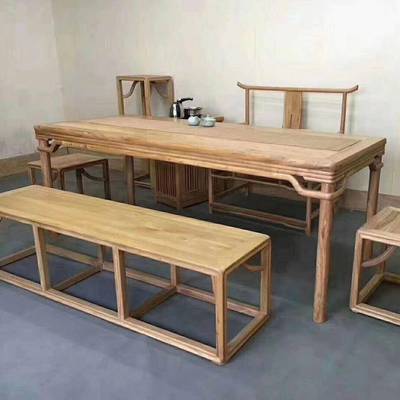 新中YQX式餐木桌大具茶桌椅合组老榆办公室茶室家仿古原木桌椅