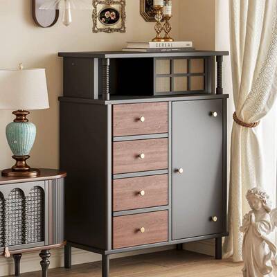 复-古美式藤编柜斗柜红黑拼色卧室墙边柜五斗简储物约柜立子