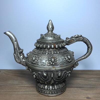 仿古玩铜器收藏风水摆件白铜镀银铜器藏式壶龙嘴壶酒壶水壶