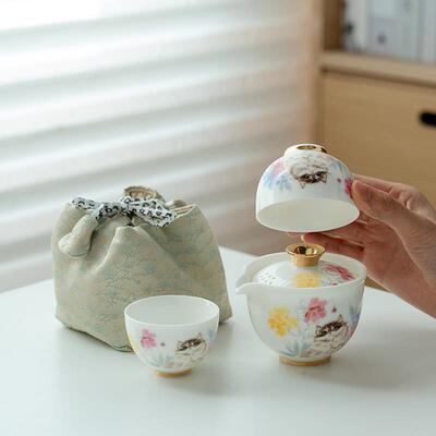 便白瓷快客行杯茶684002具可爱猫咪一壶两防旅烫户外出差携式套装