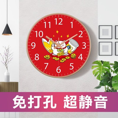 招财猫挂钟客厅家用商店生意餐馆挂墙表红色静音时钟门市店铺钟表