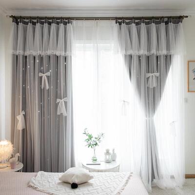 粉色镂星星网丝红QMQ梦空幻蕾公主风窗帘双层卧全遮光儿童女孩室