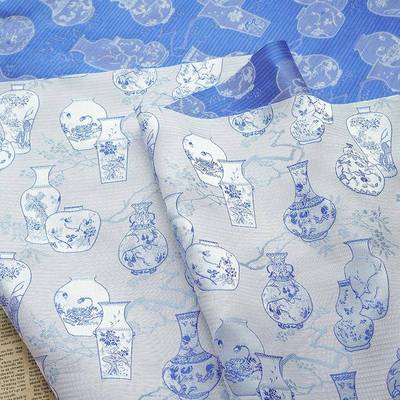 花瓷唐代古风面料软垂旗布TT4046-t人棉箱色织汉服宝蓝袍提花包青