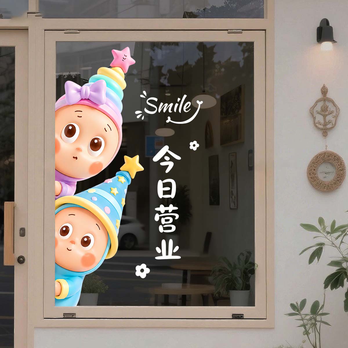 星星人玻璃贴纸咖啡烘焙装饰创意卡通奶茶饮品店铺橱氛围感布置