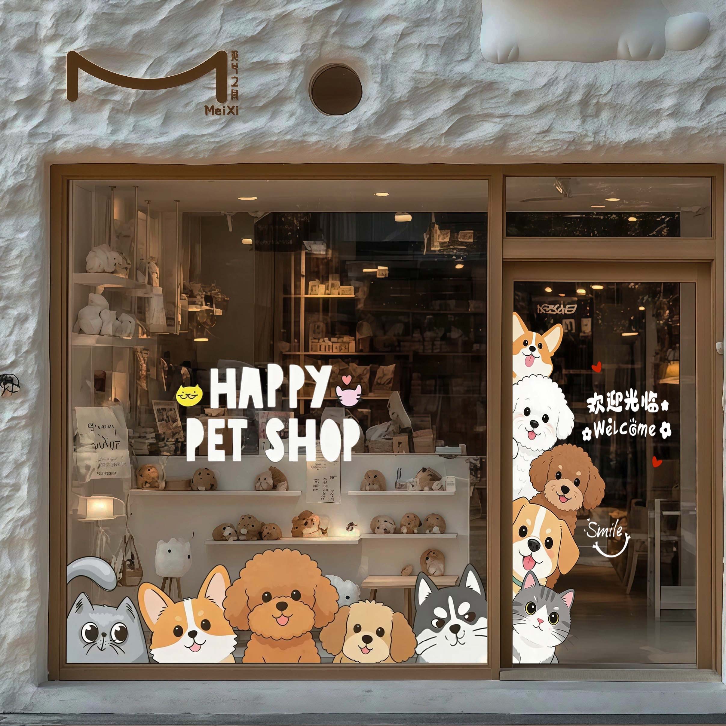 创意宠物小狗小猫玻璃贴纸猫狗洗护中心美容店橱窗装饰静电玻璃膜