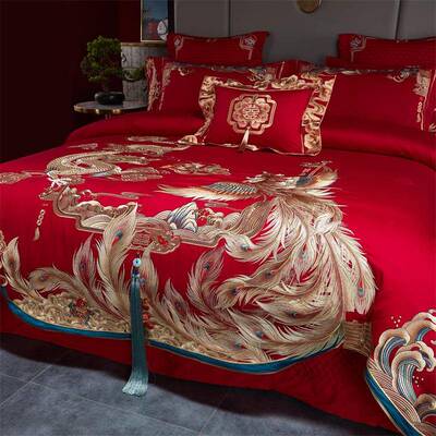 婚床上用160长绒棉绣花婚庆四件品套全棉大红绣YMB花结陪嫁十支件