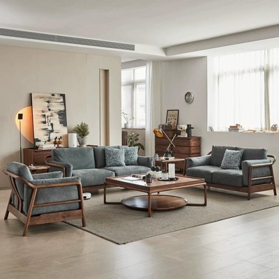 2025新款客厅实木沙发组合直排现代简约宋氏美学茶几黑胡桃木高端