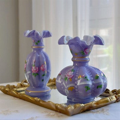 典雅紫色fenton芬顿瓜形柱形手绘手工玻璃花瓶插花器家居装饰摆件