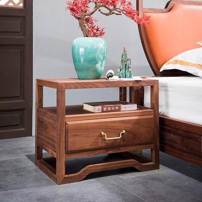 北物美黑胡桃新简中式床头约柜卧室小型整69564装床头柜储收纳床