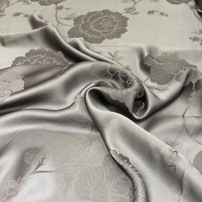 高级重缎香纱UFL布料国云风牡丹纹提花新中式旗袍汉色服素服灰装