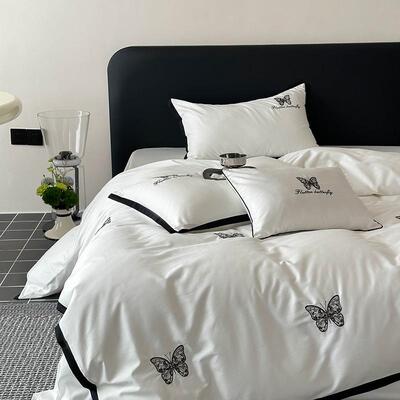 A类高档10282S0贡缎全棉四件套丝长绒棉棉蝴滑蝶刺绣纯被套床单床