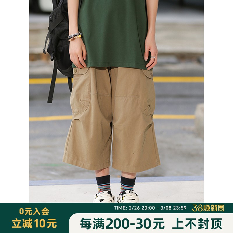 弎狸TIP 夏季日系复古工装裤男女中腰显瘦宽松直筒阔腿七分裤子潮