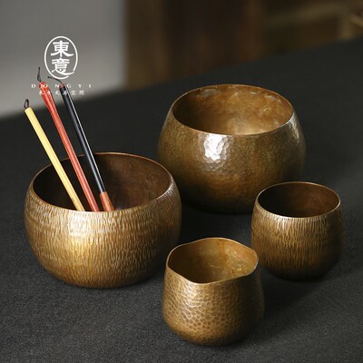 东意文房 手工紫铜钵大号特大号柳纹毛笔笔洗缸 洗笔水盂茶洗