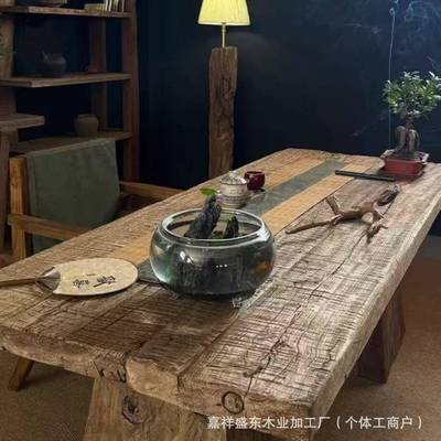 中家式复古榆老木桌用茶做旧老SXI门板泡茶台茶室自然纹理茶桌茶