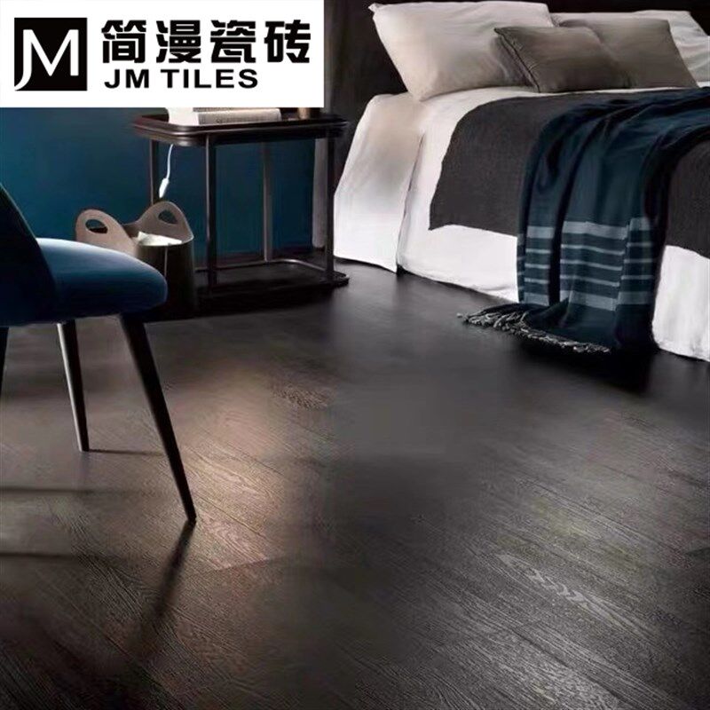 钒钛黑仿实乌木通体纯黑色木纹砖哑光防滑地板砖客厅餐厅卧室瓷砖