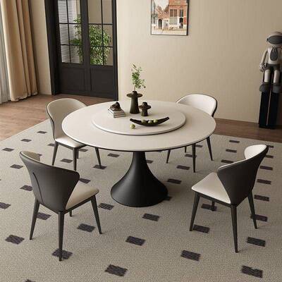 意式极代简小户型家用现简约圆桌法式复古圆形岩白板餐桌MDP椅纯