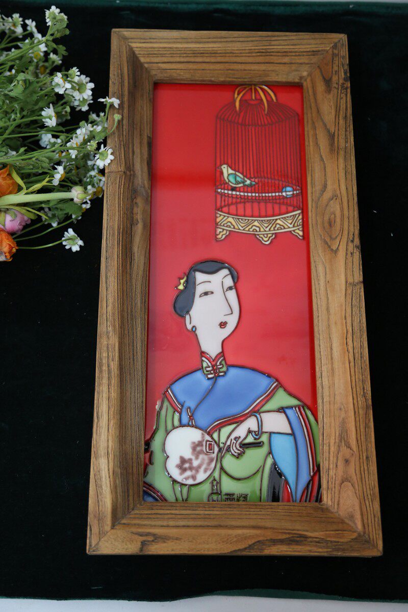 高两河陶瓷立体浮雕瓷板榆木画挂画装饰画竖版玄关过道背景墙摆件