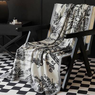 新国风山水仙图鹤奢柔软大寸针织盖毯办公M22007室午休毯盖轻毯拍
