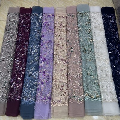 N28亮片钉珠刺绣软网纱蕾丝面料布料礼服定制料多色紫色兰色白色
