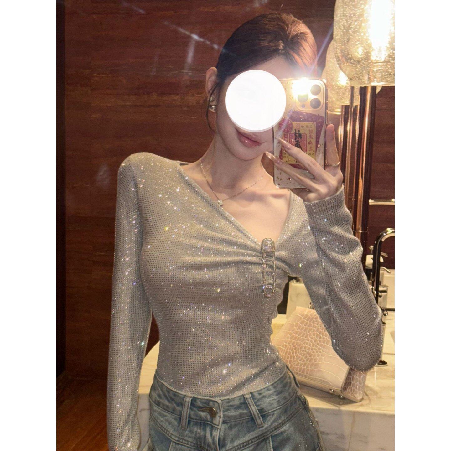 法式烫钻针织长袖T恤女秋冬季绝美巨好看名媛气质修身设计感上衣