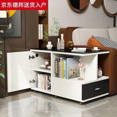 客厅REW移动发边轮柜储物柜边可移几动轻奢沙钢化玻璃小茶几带小