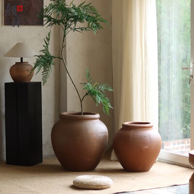 大肚圆坛陶罐复古落地陶器手工粗陶大罐子民宿装饰摆件侘寂风陶罐