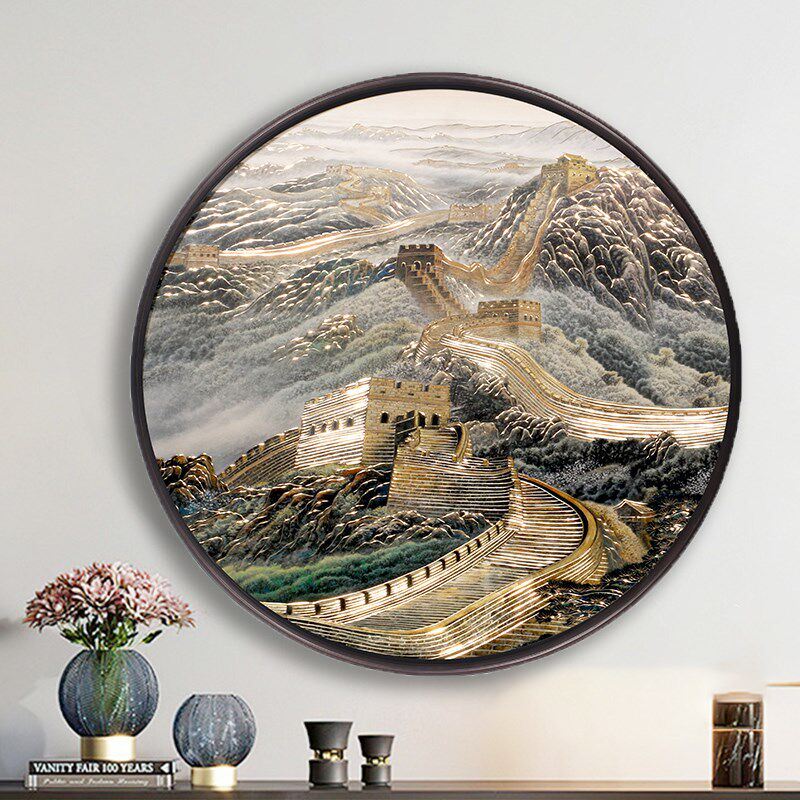 入户玄关装饰画万里长城圆形铜雕挂画大铜板画进门走廊过道高级感