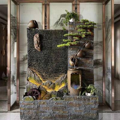 假山泉流水摆别件落地招财喷养鱼台池水幕墙客厅阳IZG墅花园庭院