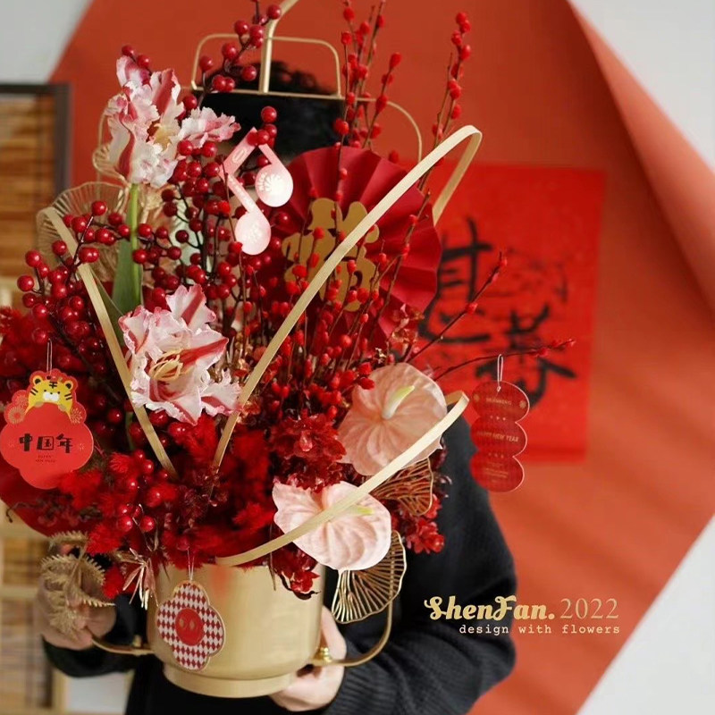 新年春节创意福桶金丝鸟笼型花瓮花器年宵花插花瓶花艺花店时尚