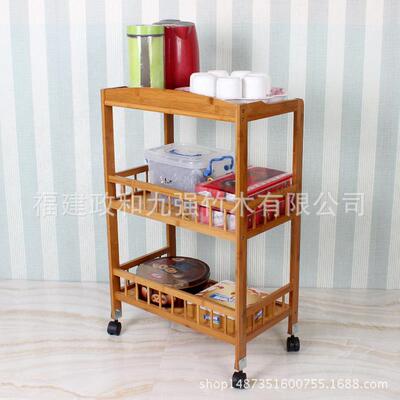 九厂JQ201702强零新款移动餐车竹制微波竹炉架楠三层移动置物架家