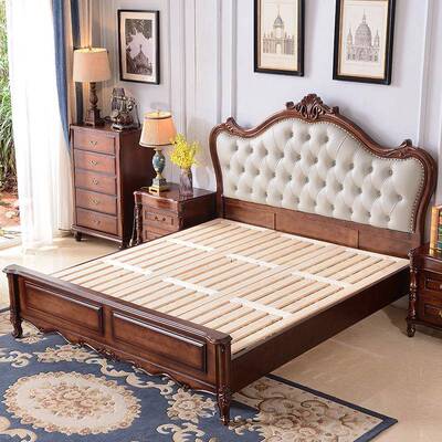 全木床现代简约1.8米双人床主卧橡59665木婚床美实式奢轻包储软物