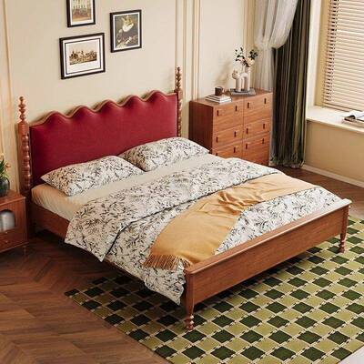 中古风实木床主卧双户人1.8米大床黑色法式复包古风小OUL型波浪软