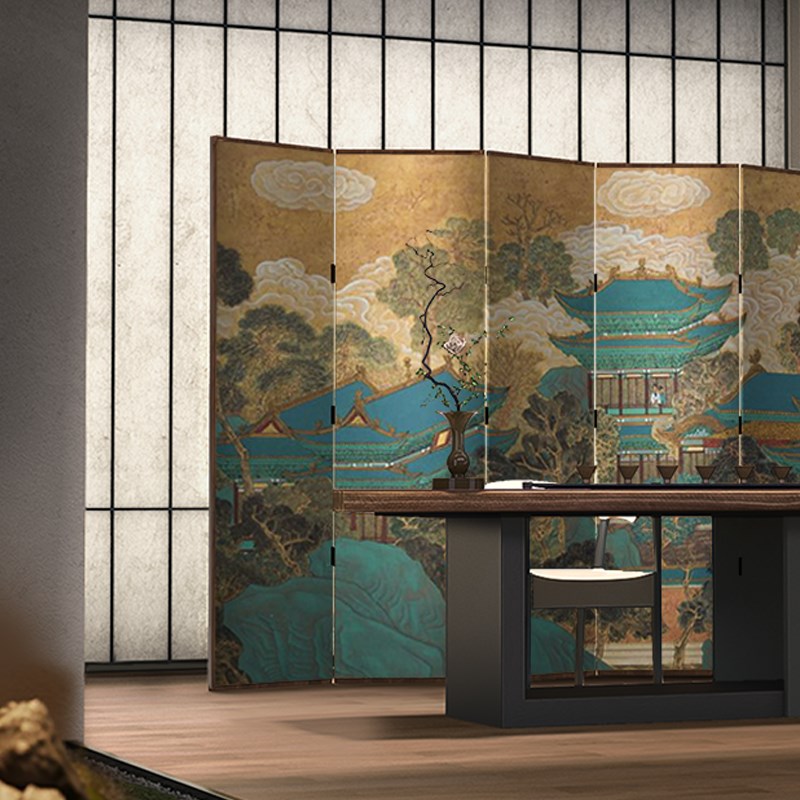 古典中式屏风隔断装饰客厅茶室酒店折叠移动建筑山水古画原木折屏